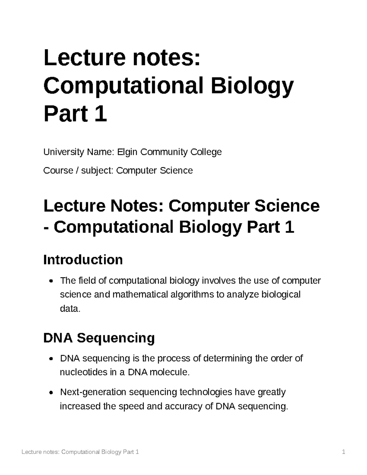 Lecture Notes Computational Biology Part 1 Lecture Notes Computational Biology Part 1