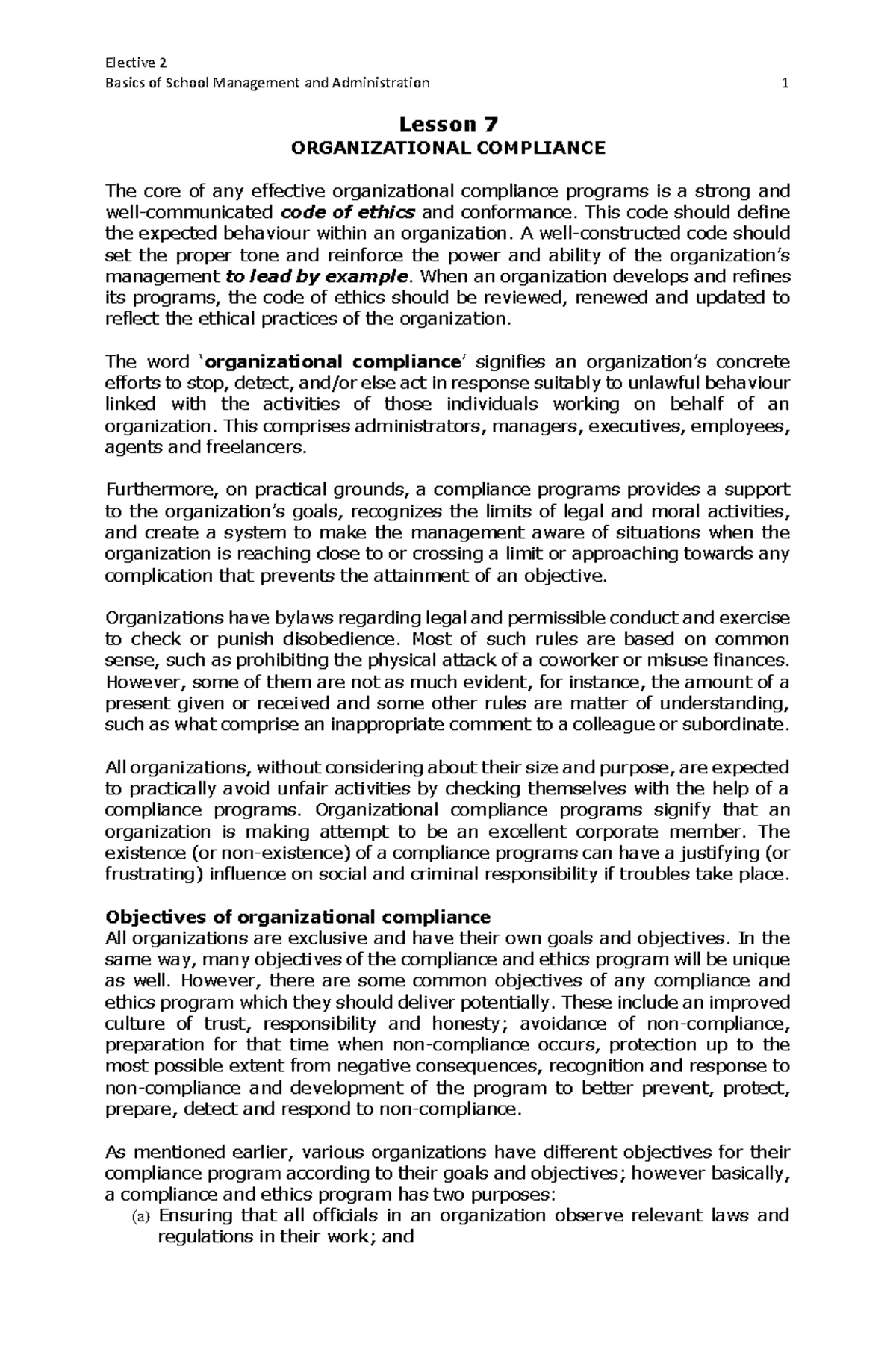 Elective - lesson 7 - Organizational Compliance - Elective 2 Basics of ...