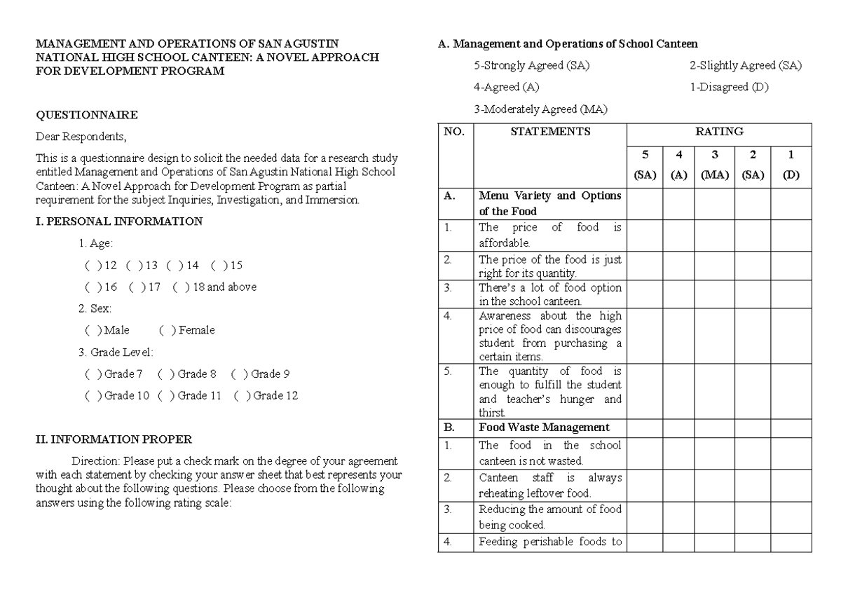 Management AND Operations OF SAN Agustin National HIGH School Canteen ...