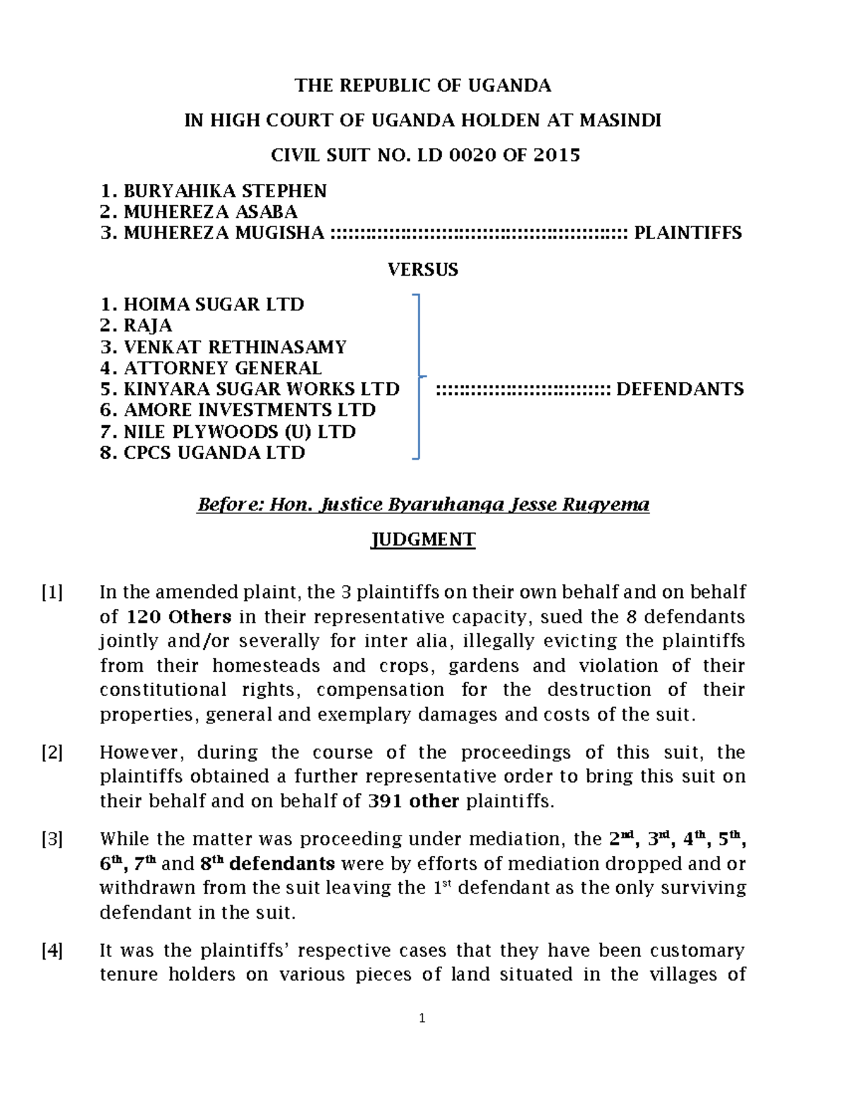 Buryahika and 2 Others v Hoima Sugar Limited and 7 Others (Civil Suit ...