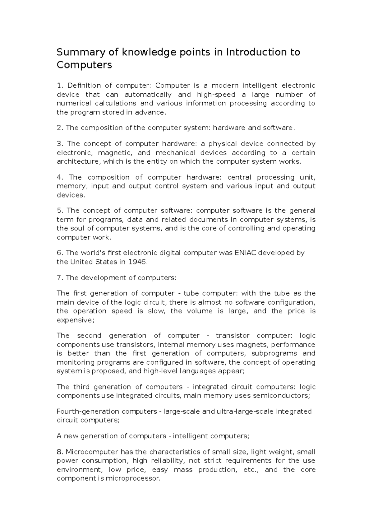 Summary of knowledge points in Introduction to Computers - Summary of knowledge points in - Studocu