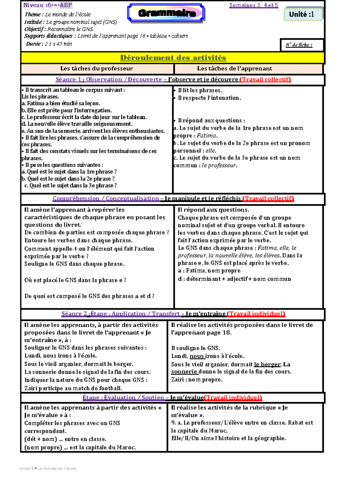 Fiches 6 mes apprentissages 2019 www - Unité 1 • Le monde de l’école ...