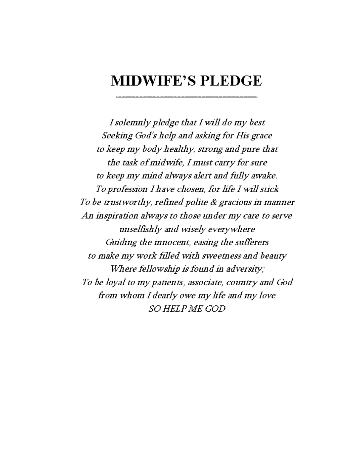 Midwife's Pledge and Midwife's Prayer - MIDWIFE’S PLEDGE I solemnly ...