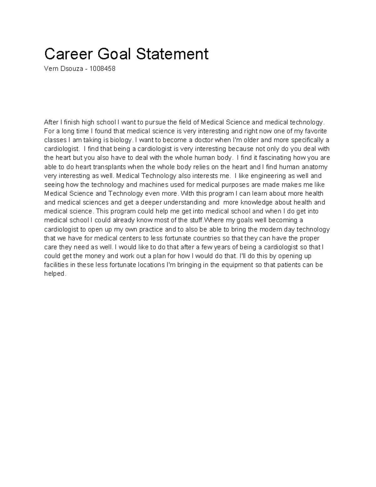 Career Goal Statement - Career Goal Statement Vern Dsouza - 1008458 ...
