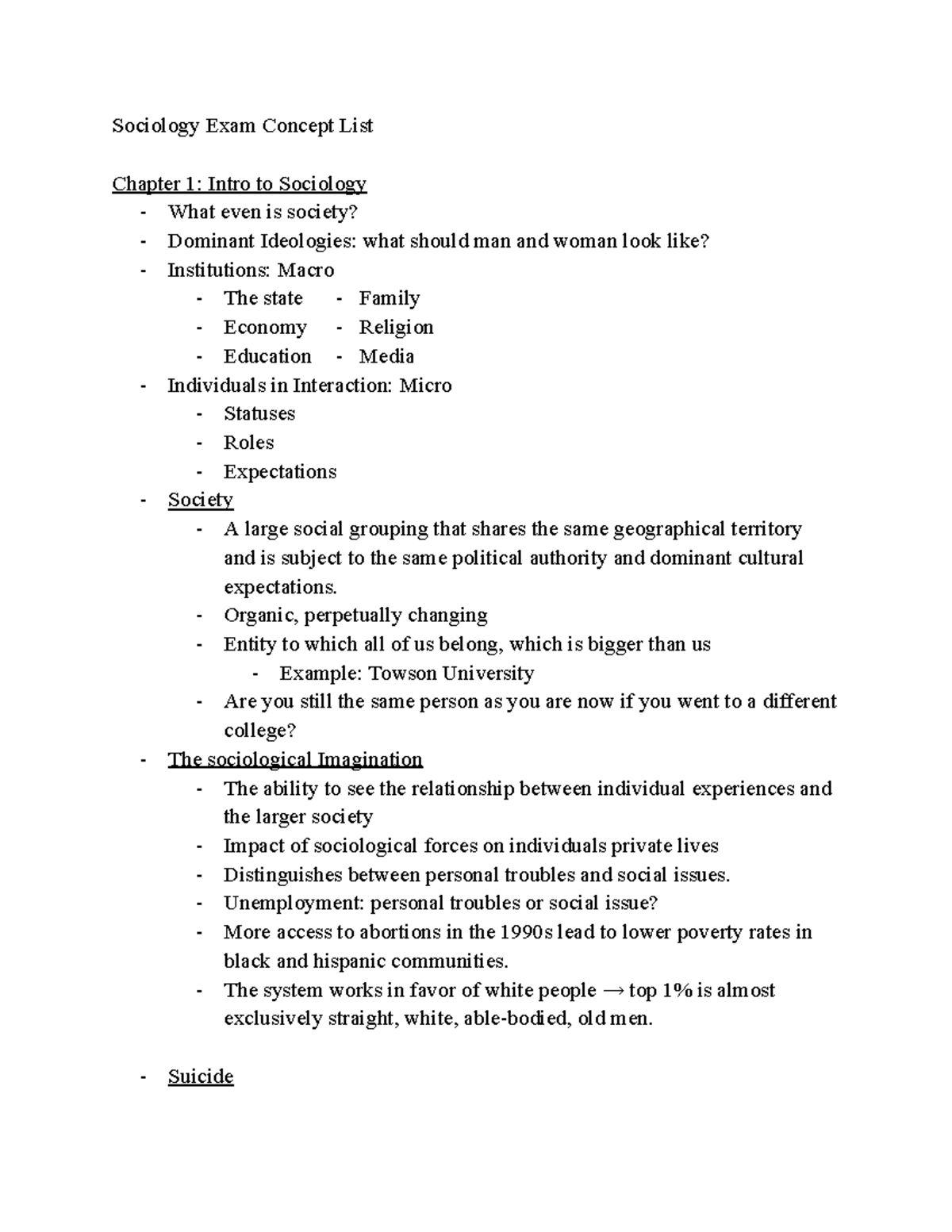 Sociology Exam Concept List - Sociology Exam Concept List Chapter 1: Intro to Sociology - What ...
