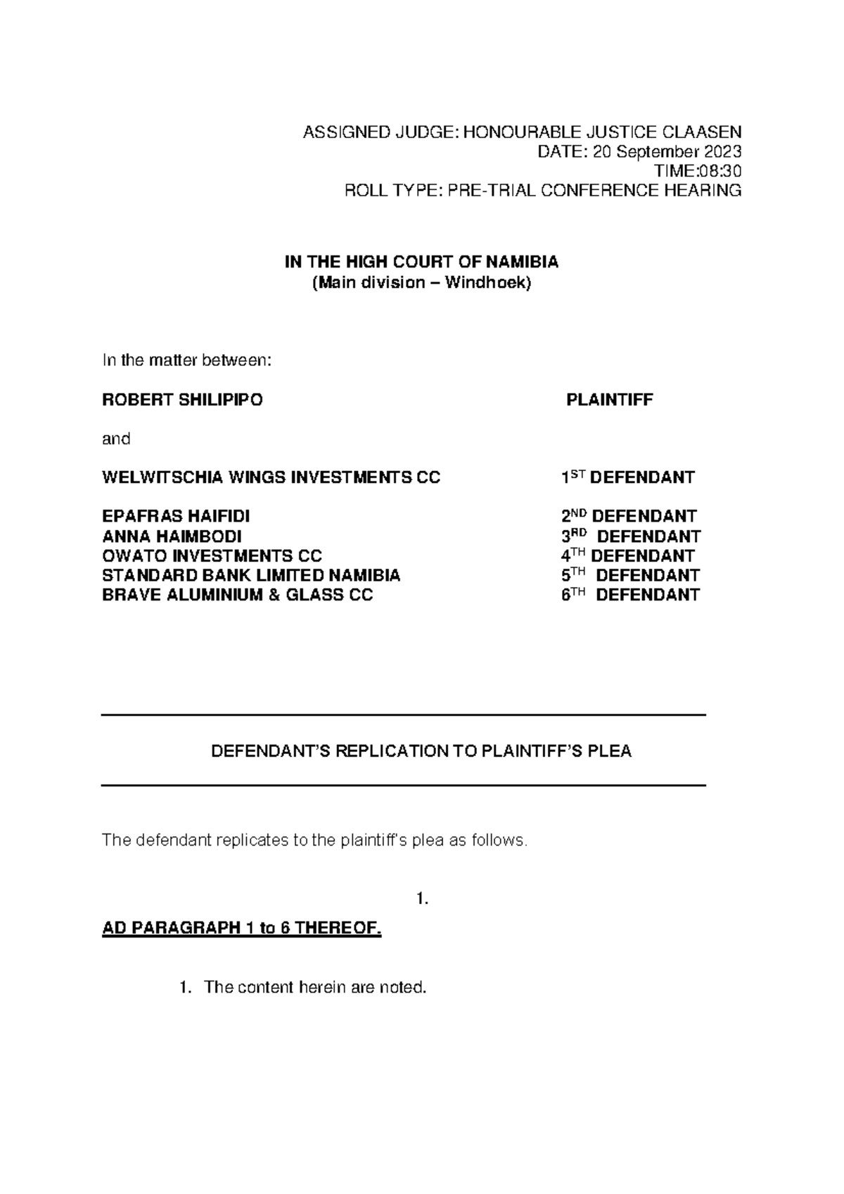 Defendant's replication to plea to counterclaim - ASSIGNED JUDGE ...