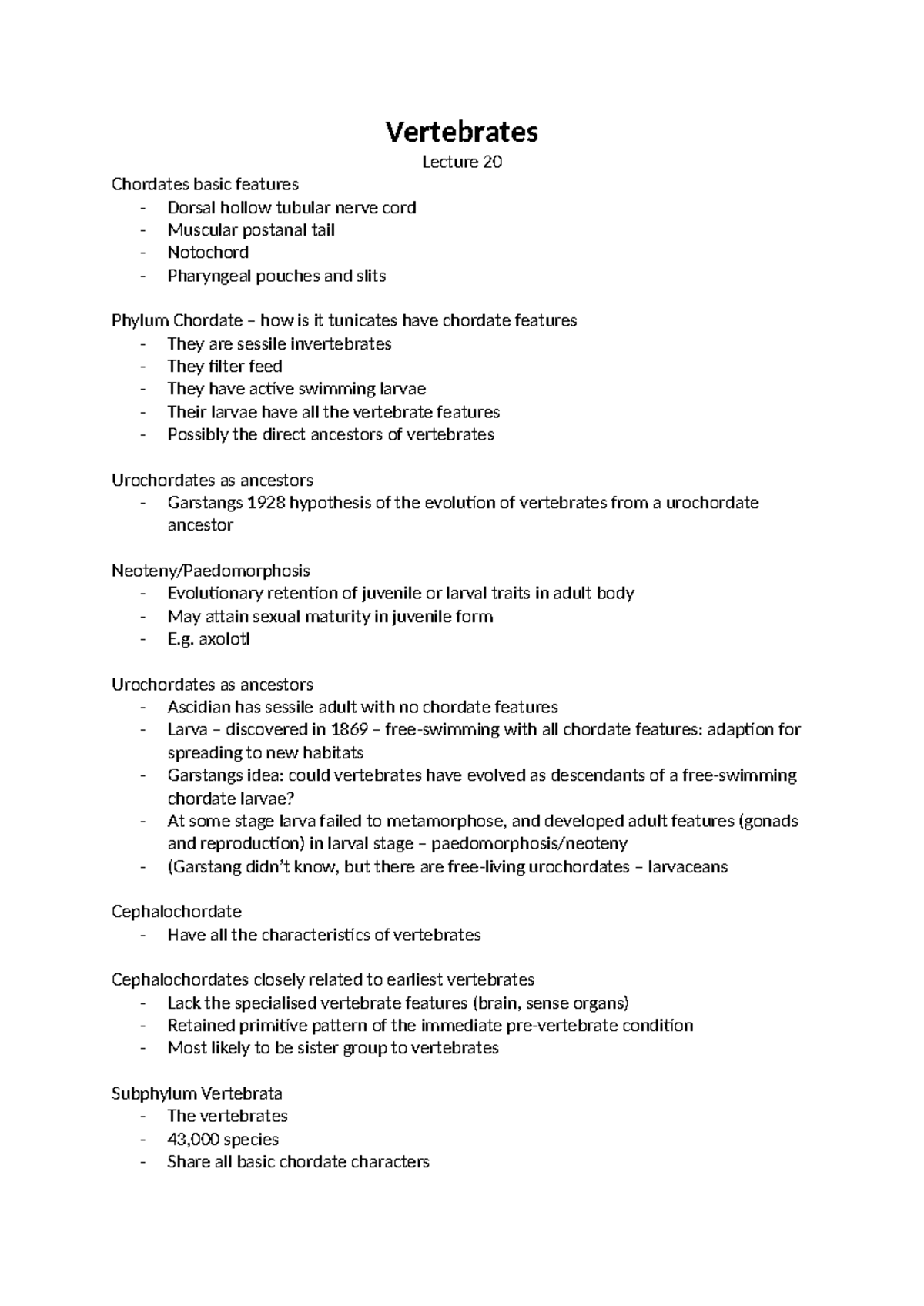 Vertebrates - vertebrate notes - Vertebrates Lecture 20 Chordates basic ...