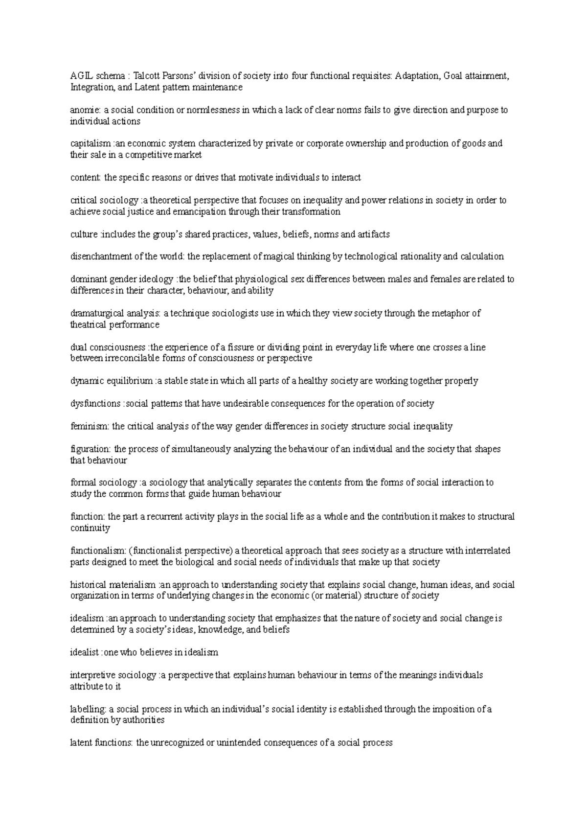 Soc109 - SOC NOTES - AGIL schema : Talcott Parsons’ division of society ...