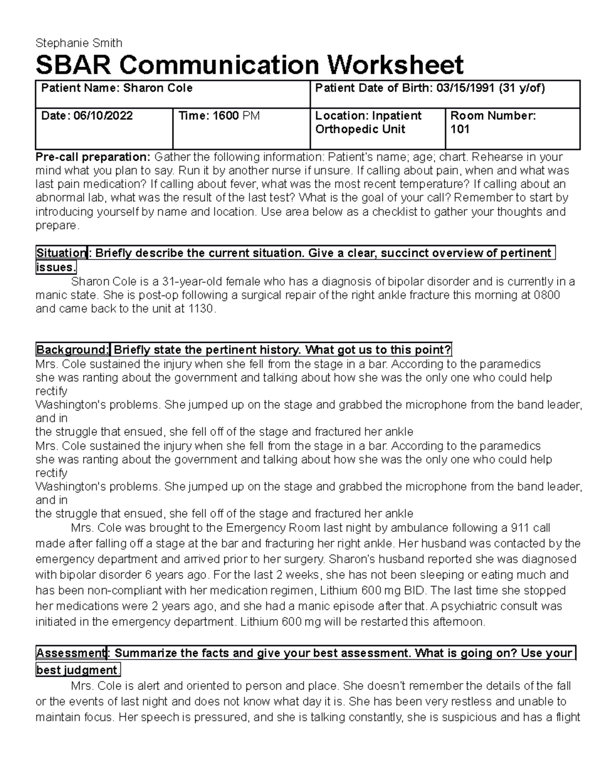 SBAR Communication Worksheet - Stephanie Smith SBAR Communication ...