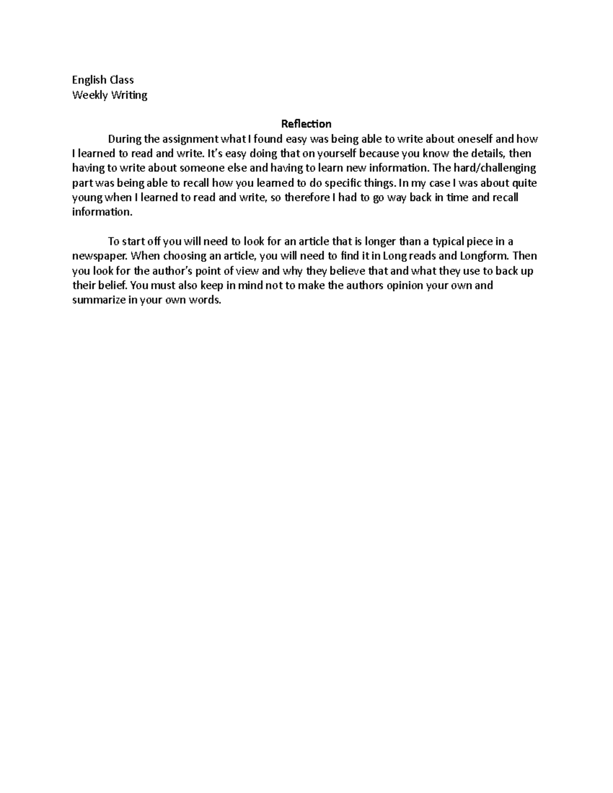 English Class - Read - English Class Weekly Writing Reflection During ...