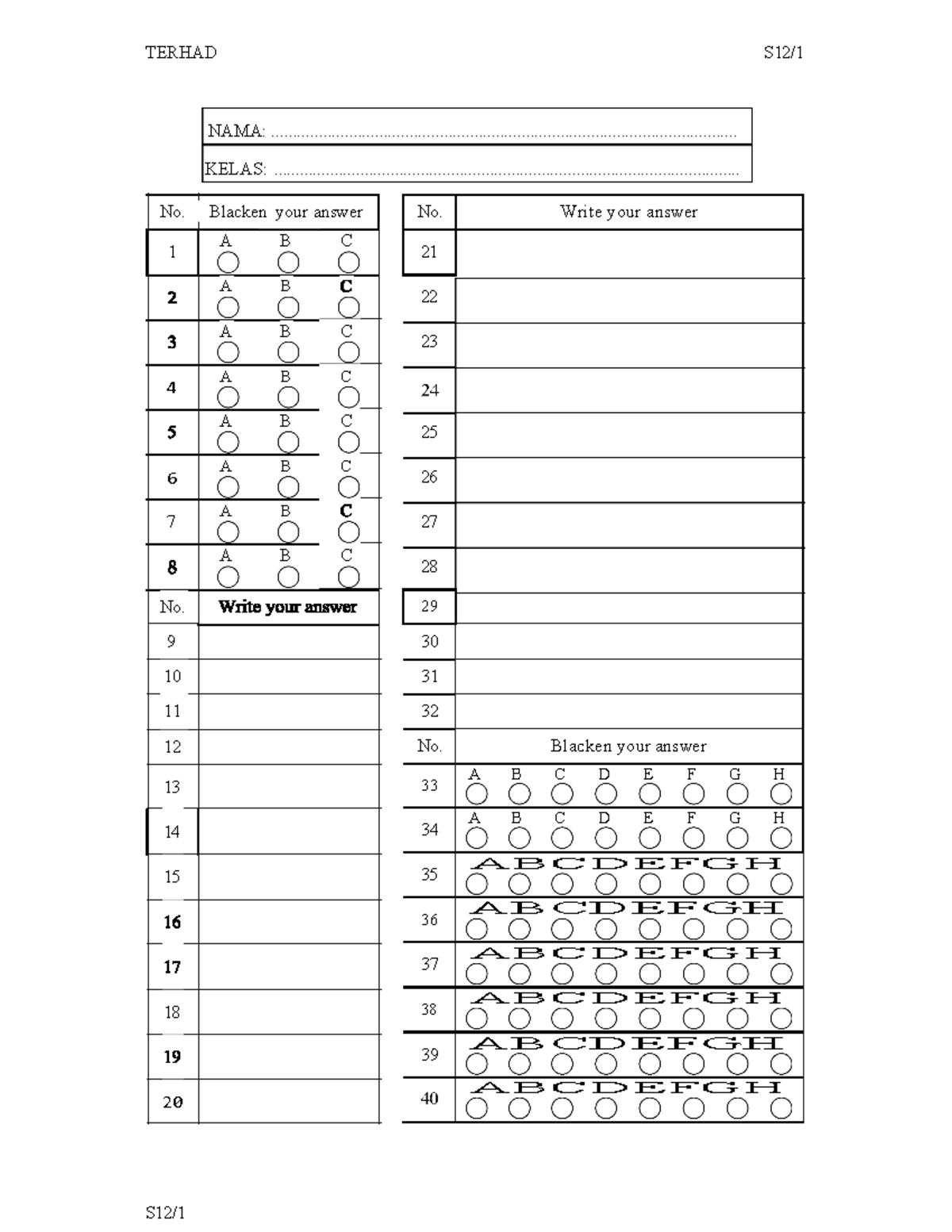 Answer Sheet - TERHAD S12/ No. Write your answer 21 22 23 25 26 27 28 ...