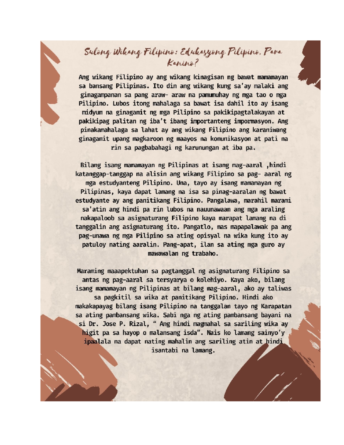 Fil 1 - summary - Filipino - CLSU - Studocu