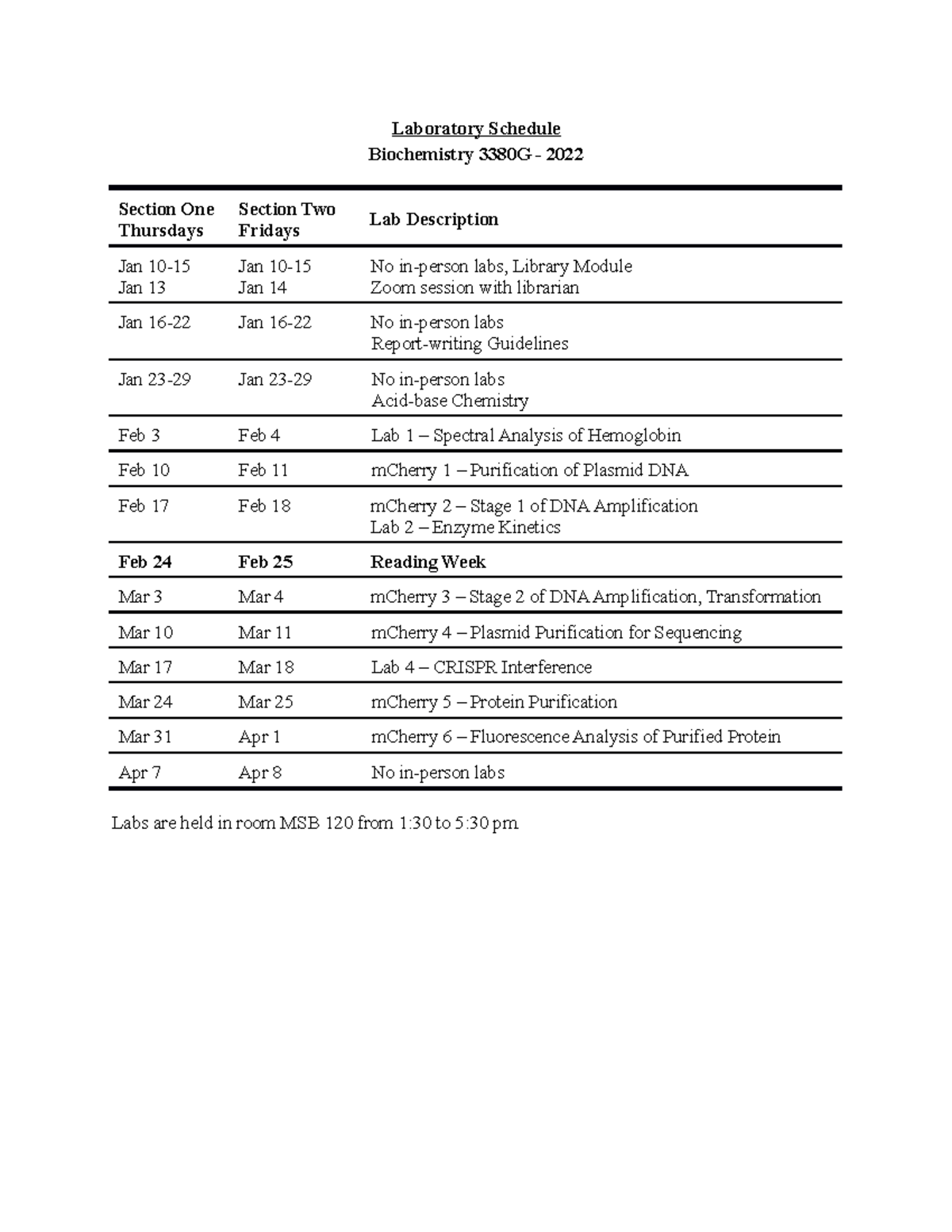 Lab and Submission Schedules 2022 - Laboratory Schedule Biochemistry ...