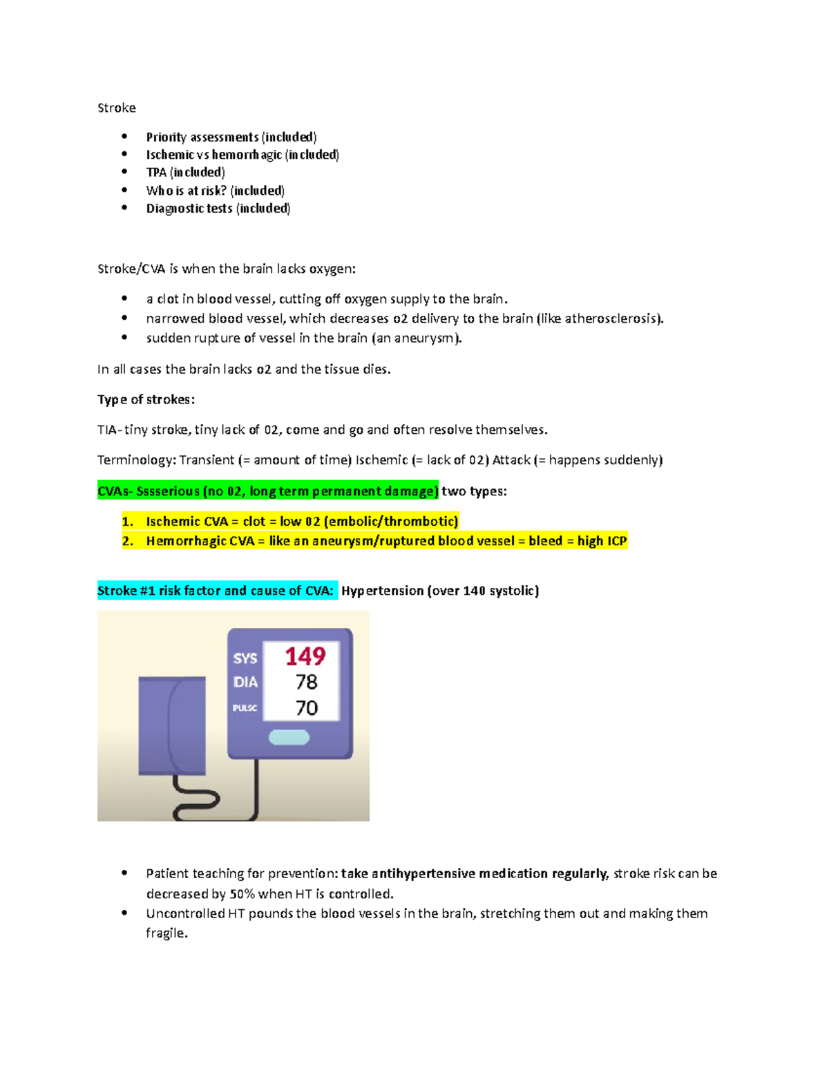 Stroke Study Guide - Stroke Priority assessments (included) Ischemic vs hemorrhagic (included ...