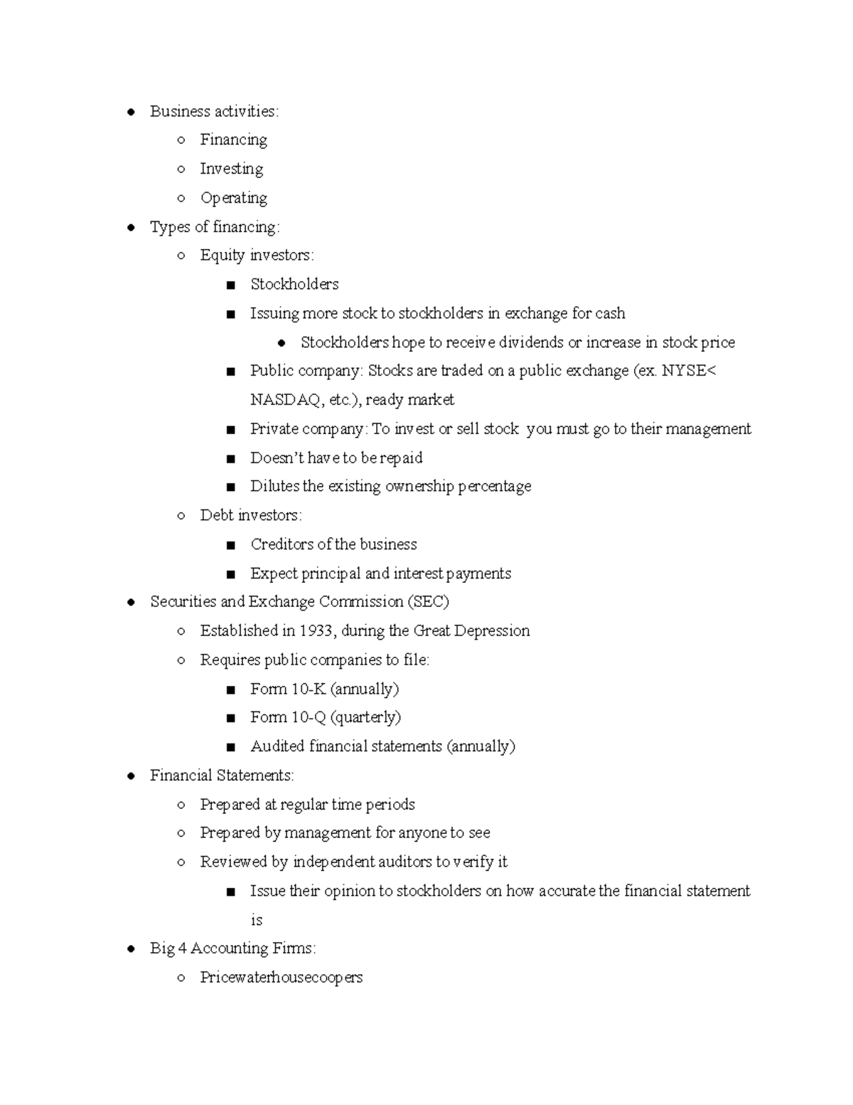 Intro to Accounting - Business activities: Financing Investing ...