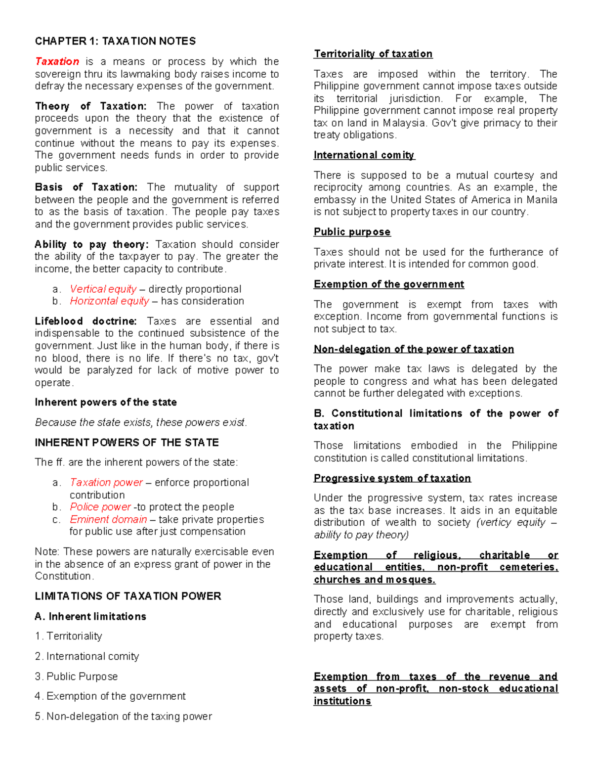 Chapter 1 notes compress - CHAPTER 1: TAXATION NOTES Taxation is a ...