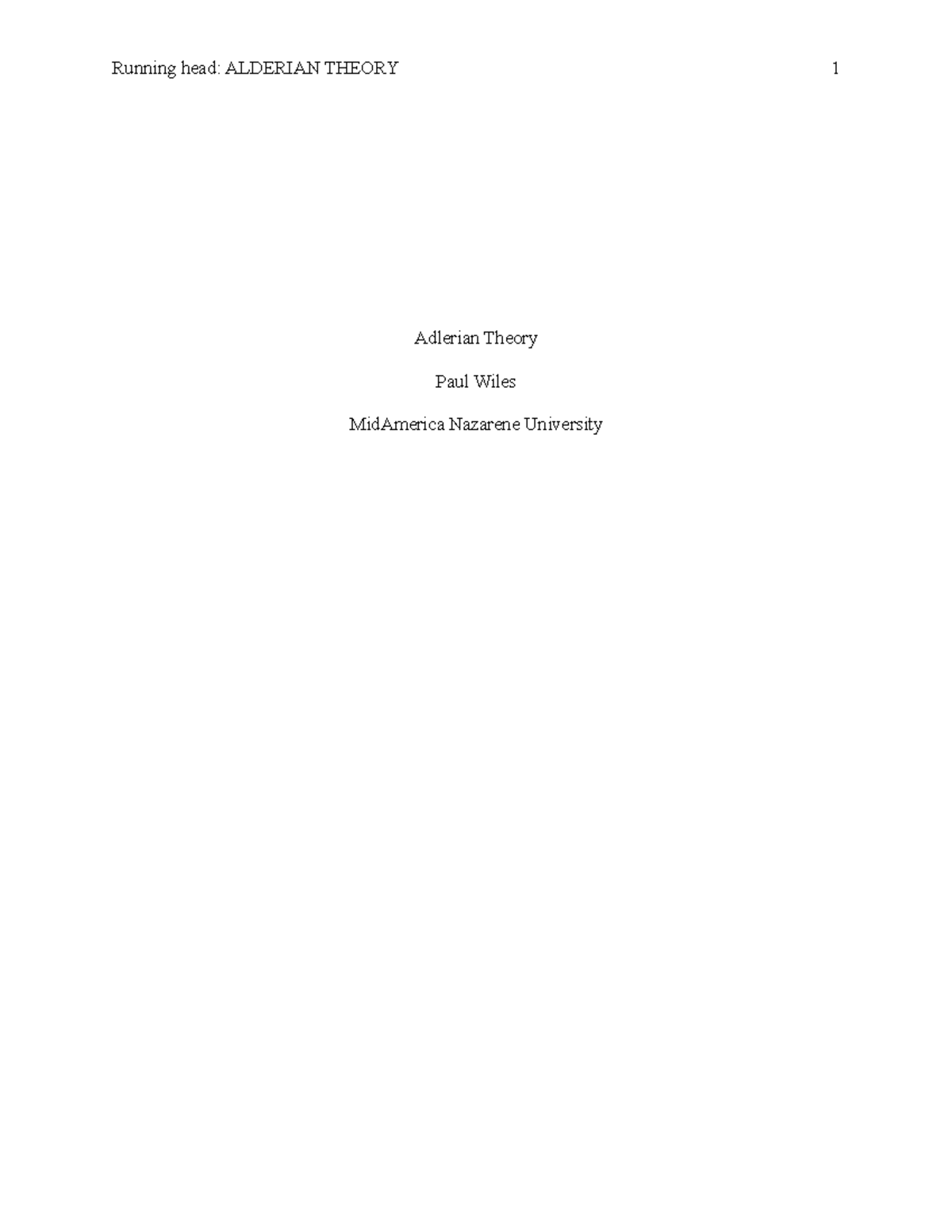 Alderian Theory Letter - PRTH 3503 - Running head: ALDERIAN THEORY 1 ...