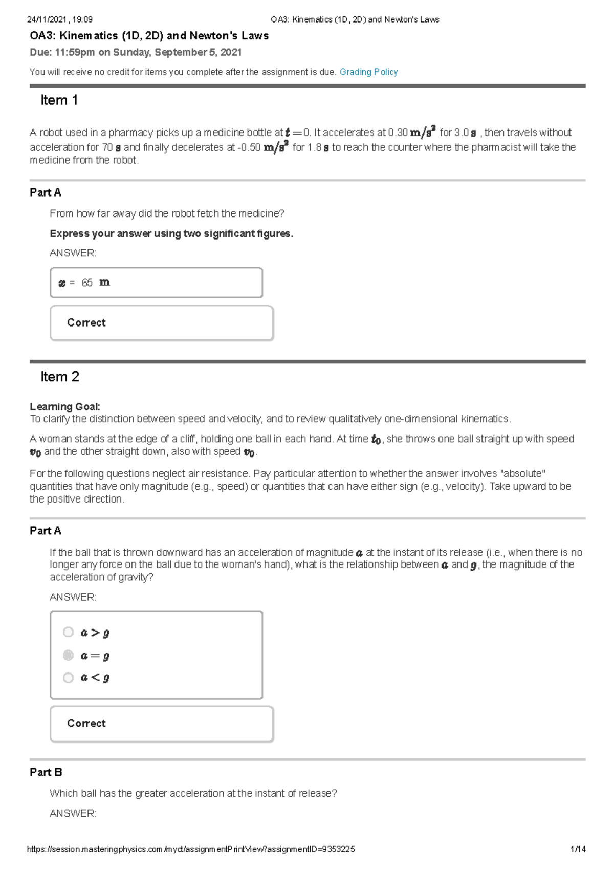 OA3 Kinematics (1D, 2D) and Newton's Laws - Grading Policy Item 1 A ...
