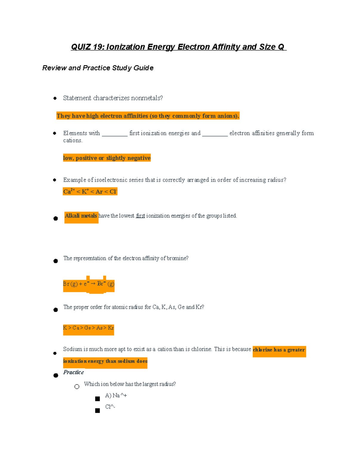 QUIZ 19 Ionization Energy Electron Affinity and Size Q - Elements with ...