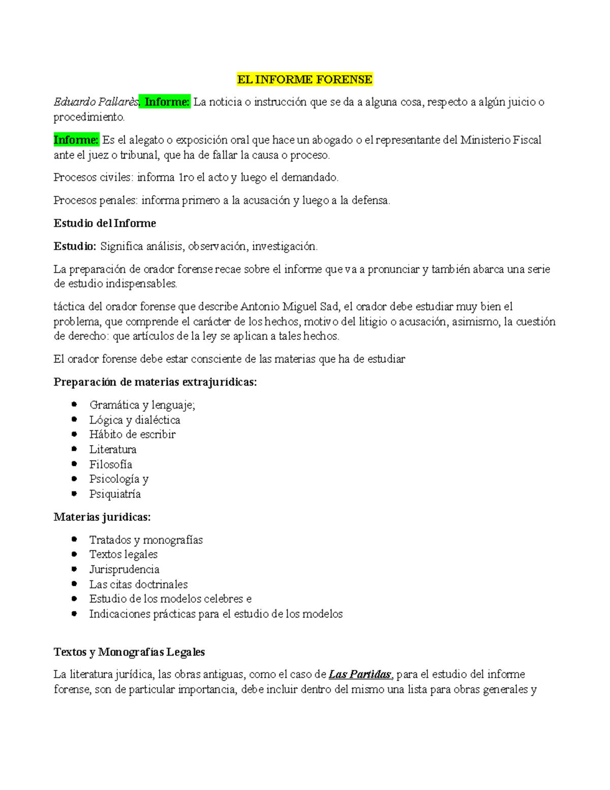 Resumen del tomo ll - EL INFORME FORENSE Eduardo Pallarès. Informe: La ...