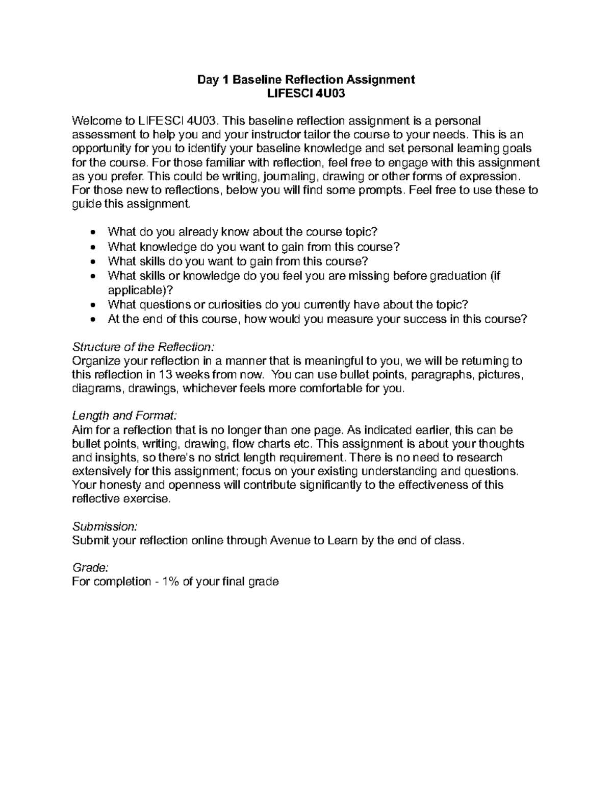 Day 1 Baseline Reflection Assignment - Day 1 Baseline Reflection ...