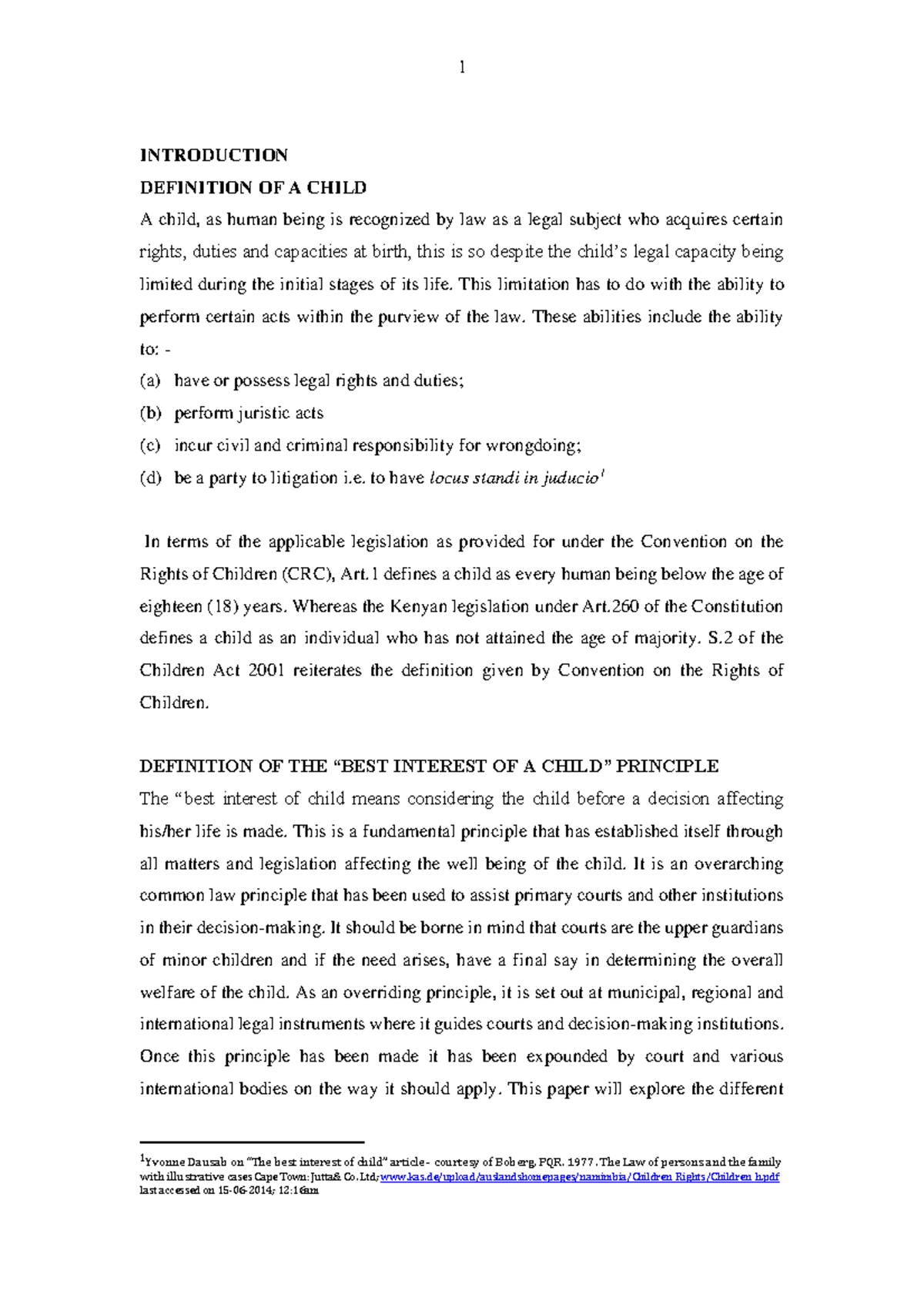 Rights of the child notes - INTRODUCTION DEFINITION OF A CHILD A child ...