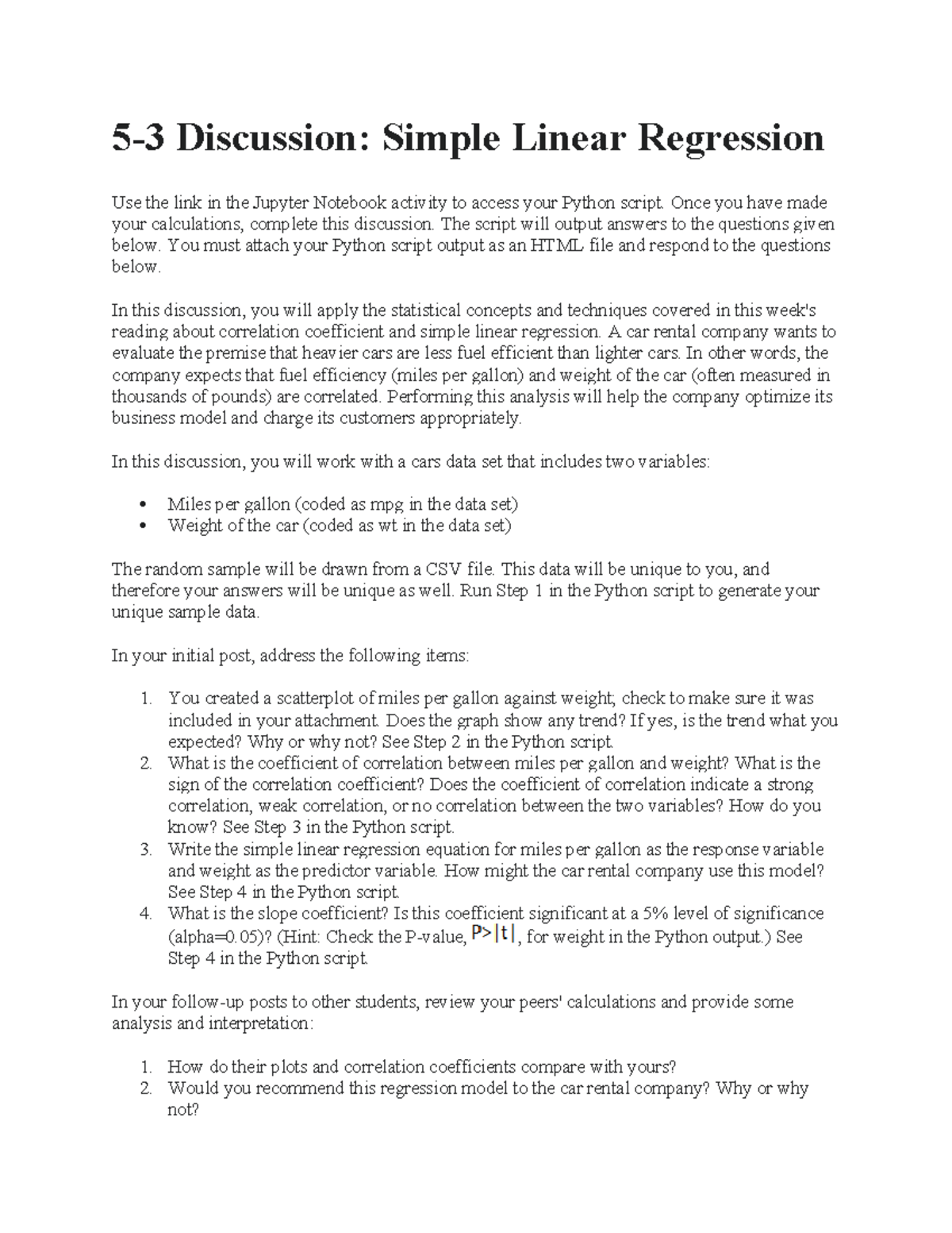 MAT-243 - 5-3 Discussion - Simple Linear Regression - 5-3 Discussion: Simple Linear Regression ...
