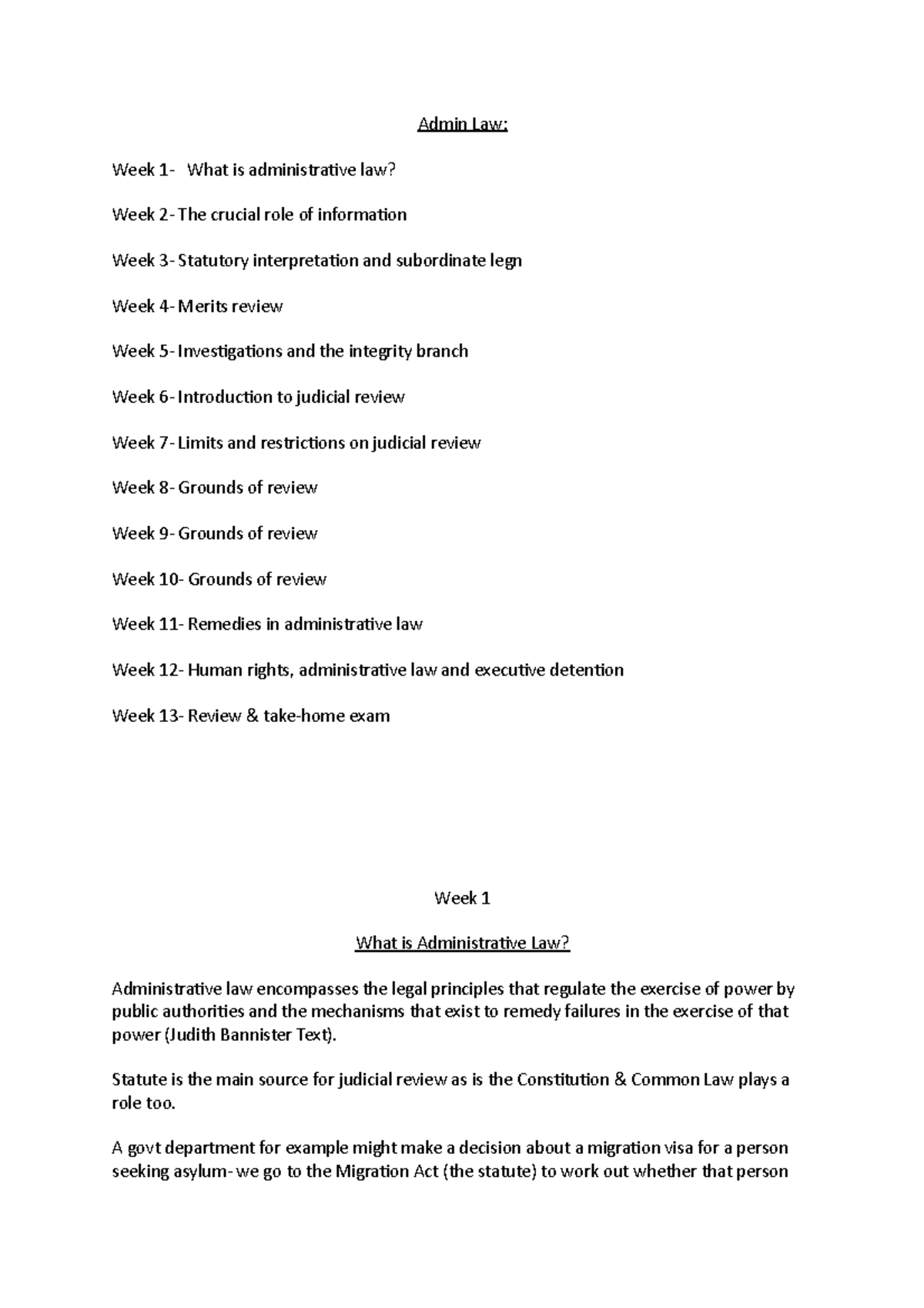 Admin Law Exam Rev Notes - Admin Law: Week 1- What is administrative ...