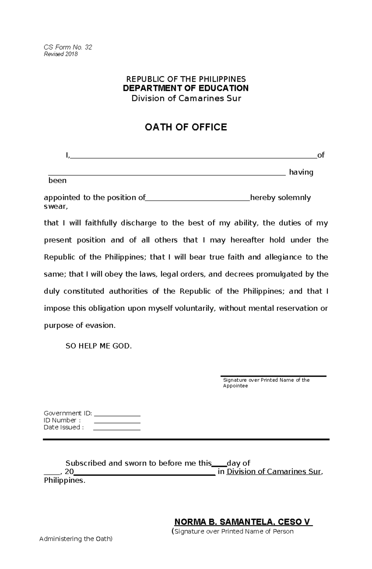 Cs-form-32-oath of office - CS Form No. 32 Revised 2018 REPUBLIC OF THE ...