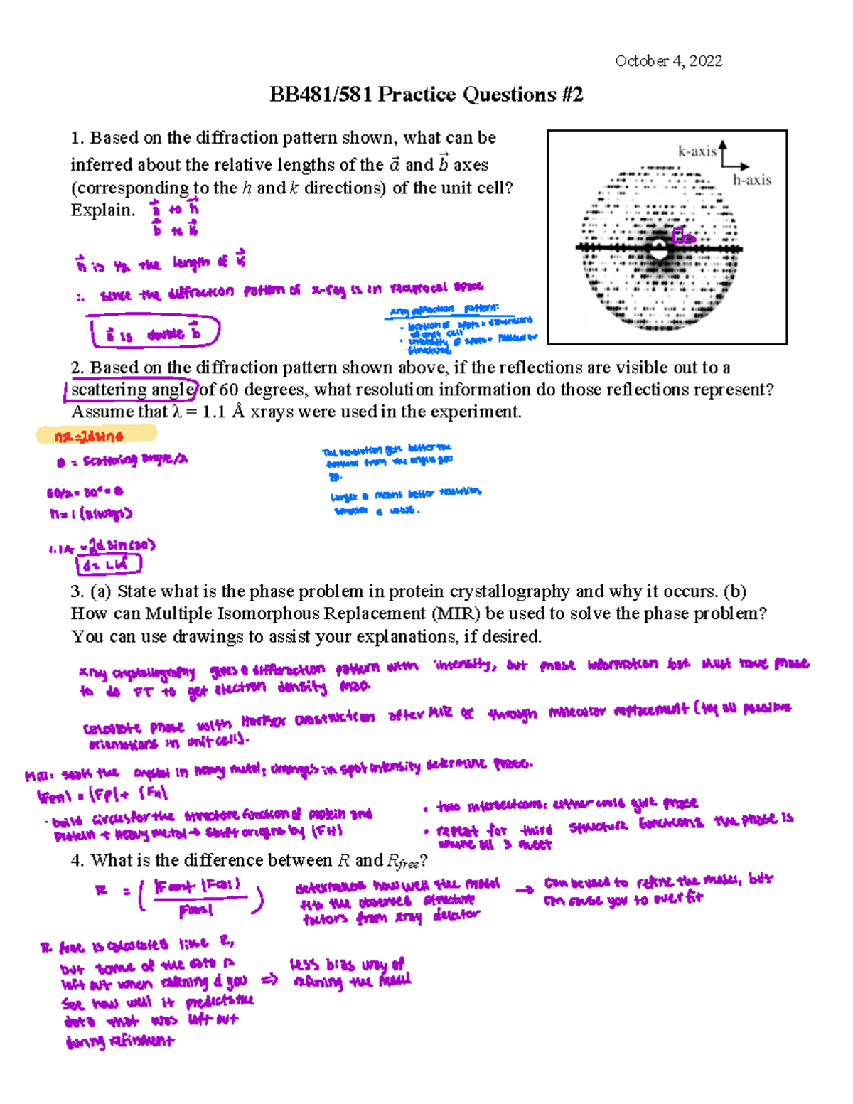 Practice for week 2 - October 4, 2022 BB481/581 Practice Questions 1. Based on the diffraction ...