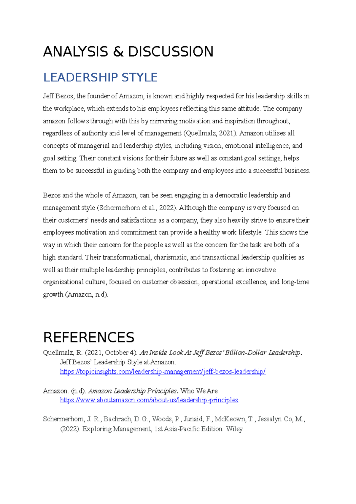 Assessment 2 - Leadership Style - ANALYSIS & DISCUSSION LEADERSHIP ...