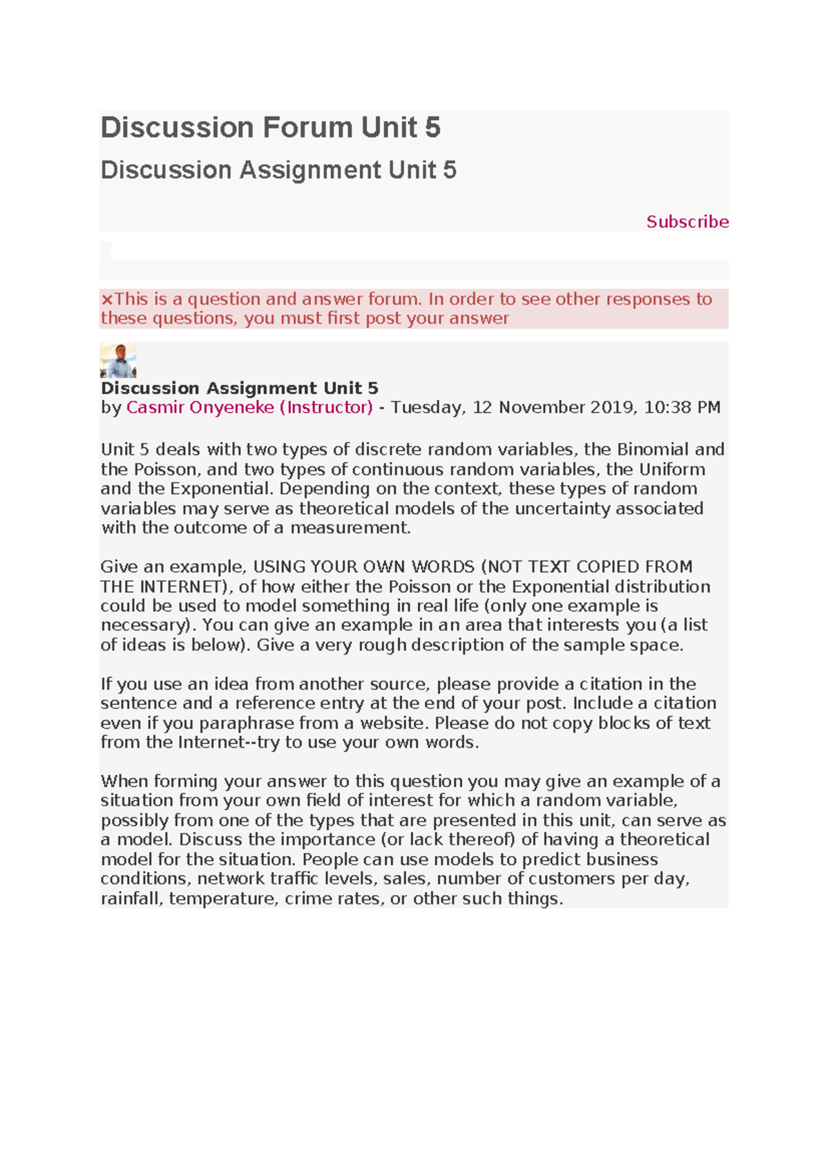 Discussion Forum Unit 5 - In order to see other responses to these questions, you must first ...