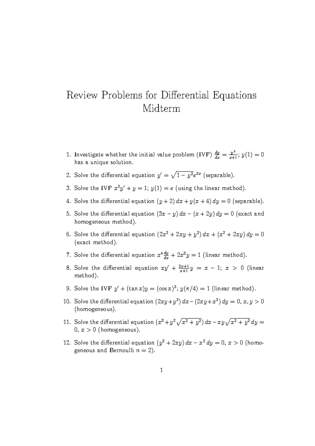 Review Problems for Differential Equations Midterm - Review Problems for Differential Equations ...