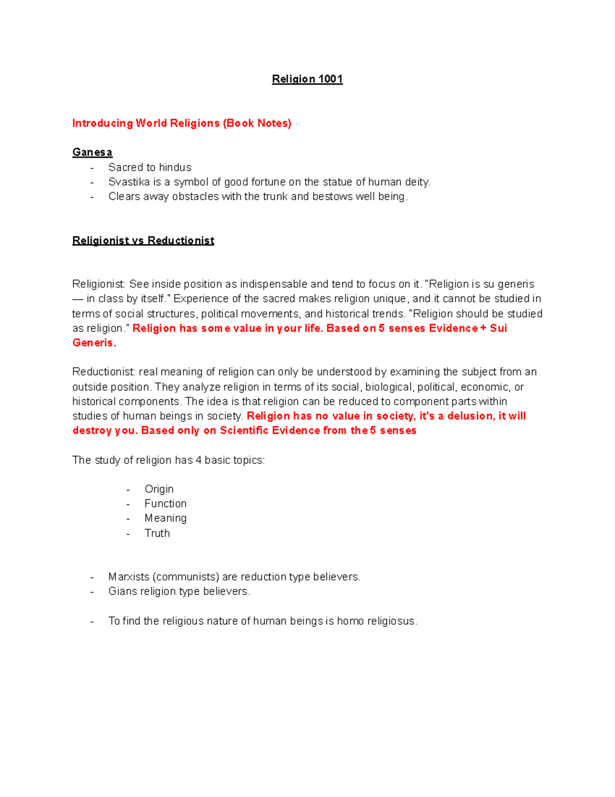 RELI 1001 - Notes taken in class - Religion 1001 Introducing World ...