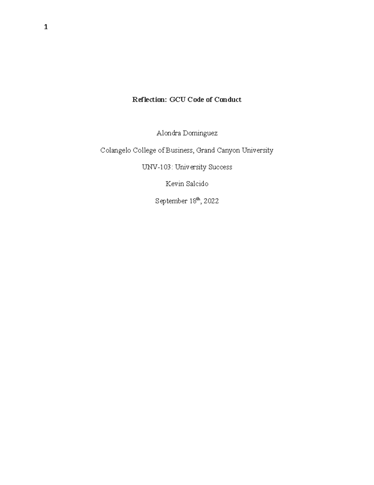 UNV-103 Code of Conduct - 1 Reflection: GCU Code of Conduct Alondra ...