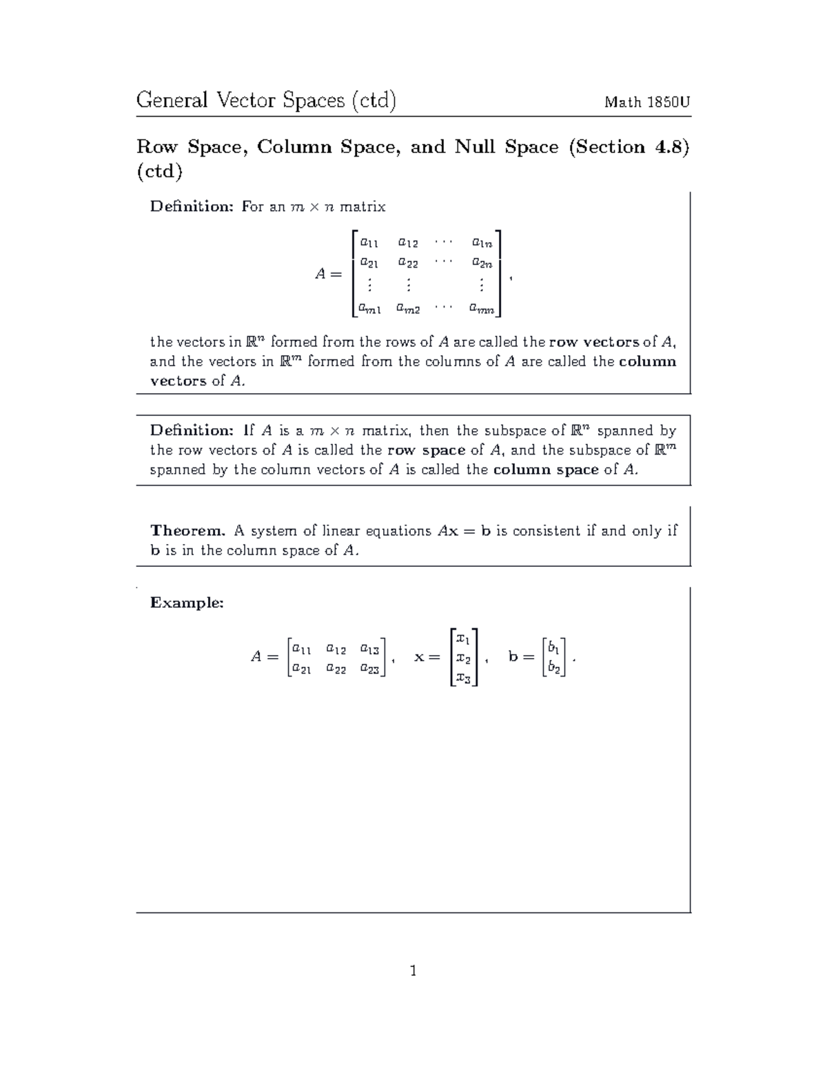 1850 Lecture 15 bw - General Vector Spaces (ctd) Math 1850U Row Space ...