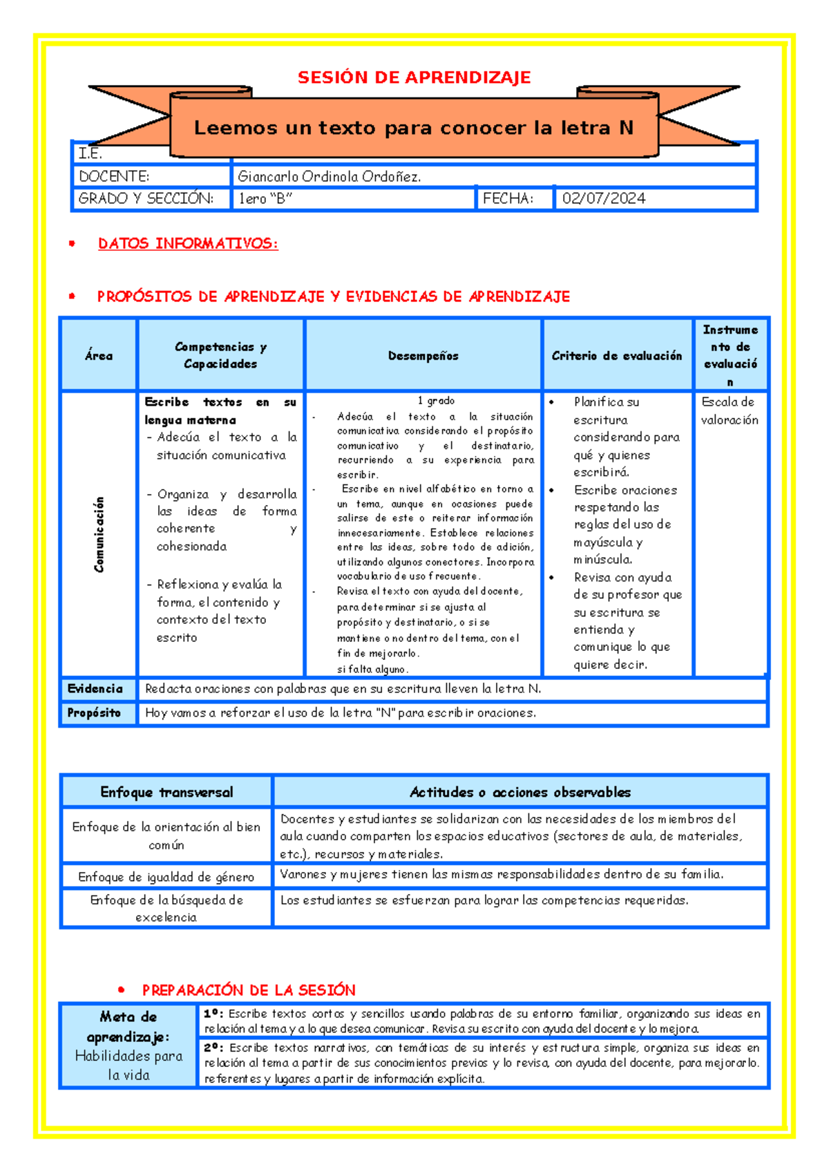 Sesion DE Aprendizaje Leemos un texto para conocer la letra N - SESIÓN DE APRENDIZAJE I. N°20507 ...