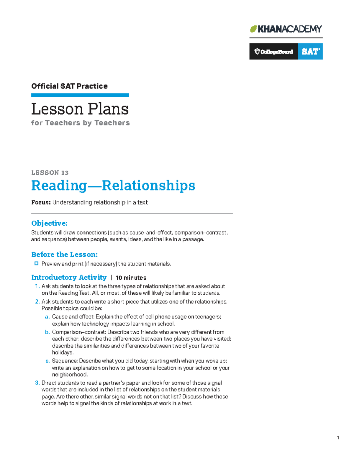 Official sat practice lesson plan reading relationships - 1 Official ...