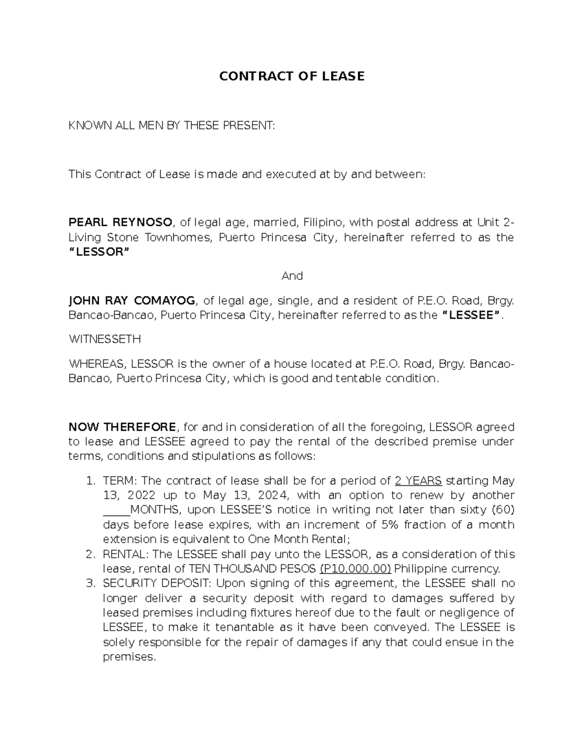 Contract OF Lease JOHN RAY Comayog - CONTRACT OF LEASE KNOWN ALL MEN BY ...