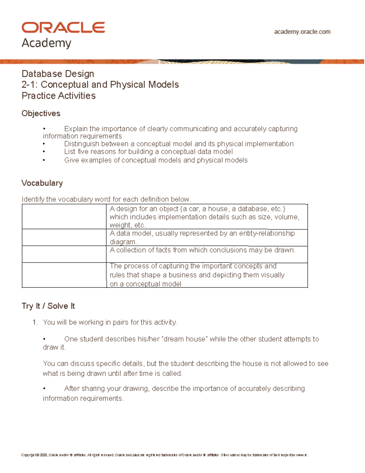 DD 2 1 Practice - Database Design 2-1: Conceptual and Physical Models Practice Activities ...