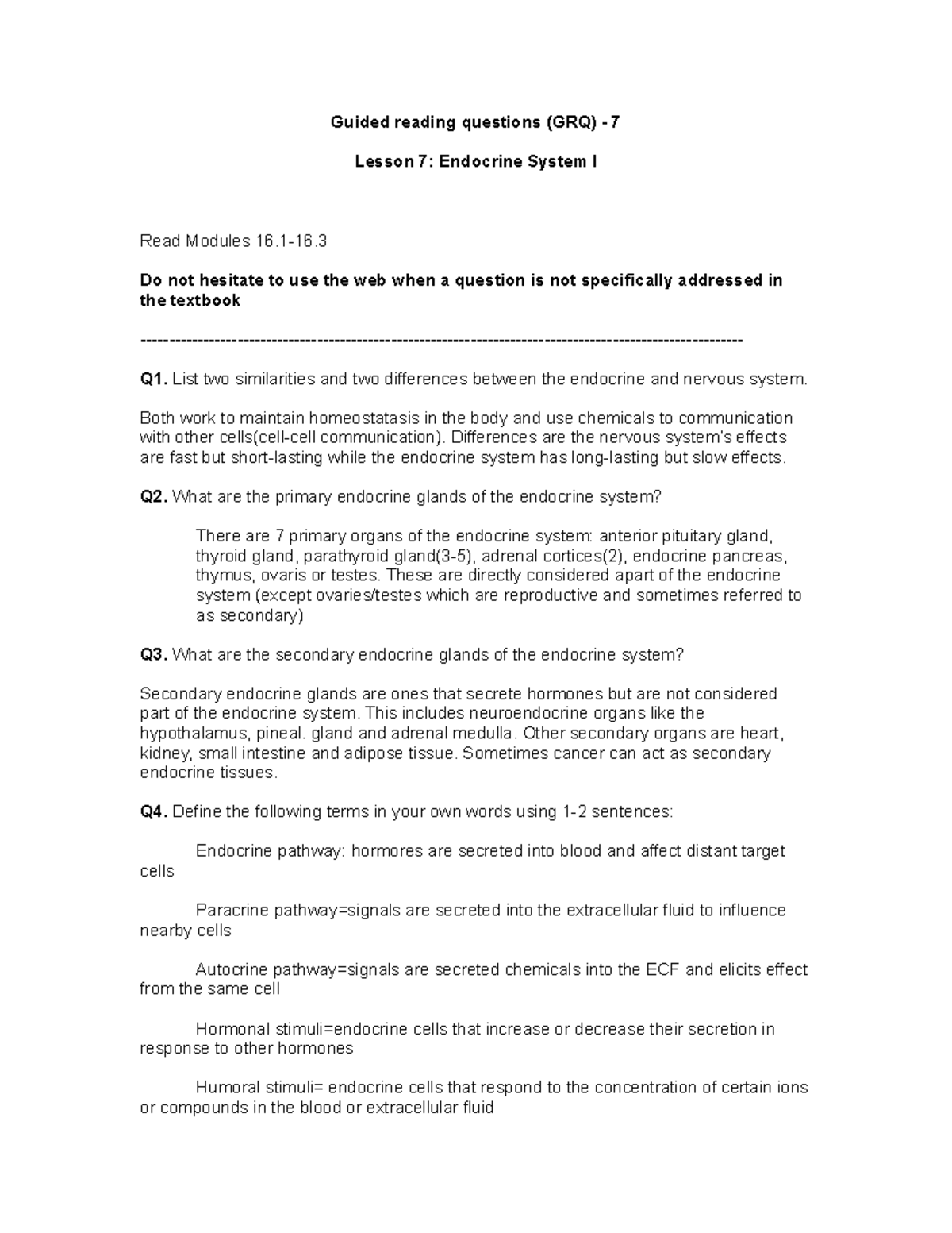 GRQ-7 Endocrine I - Guided reading questions (GRQ) - 7 Lesson 7 ...