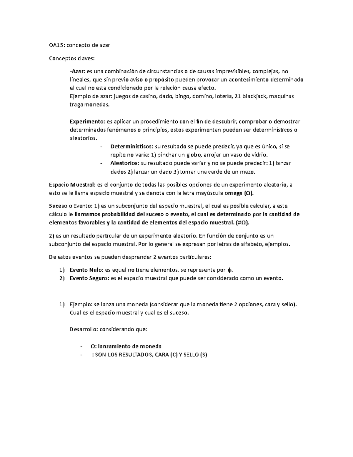 Contenido OA15 Primero Medios - OA15: concepto de azar Conceptos claves ...