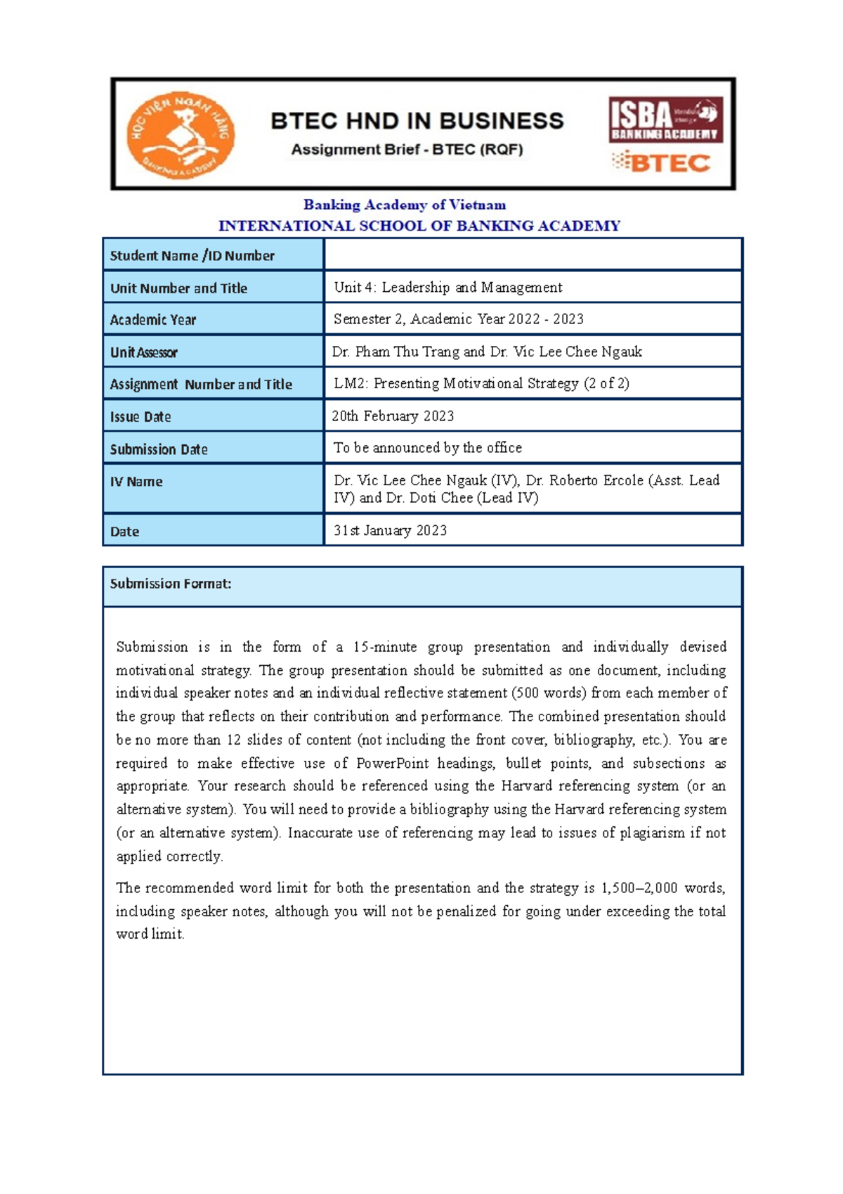 LM. A2 2022-2023. V4 - Assignment Brieft - Student Name /ID Number Unit Number and Title Unit 4 ...