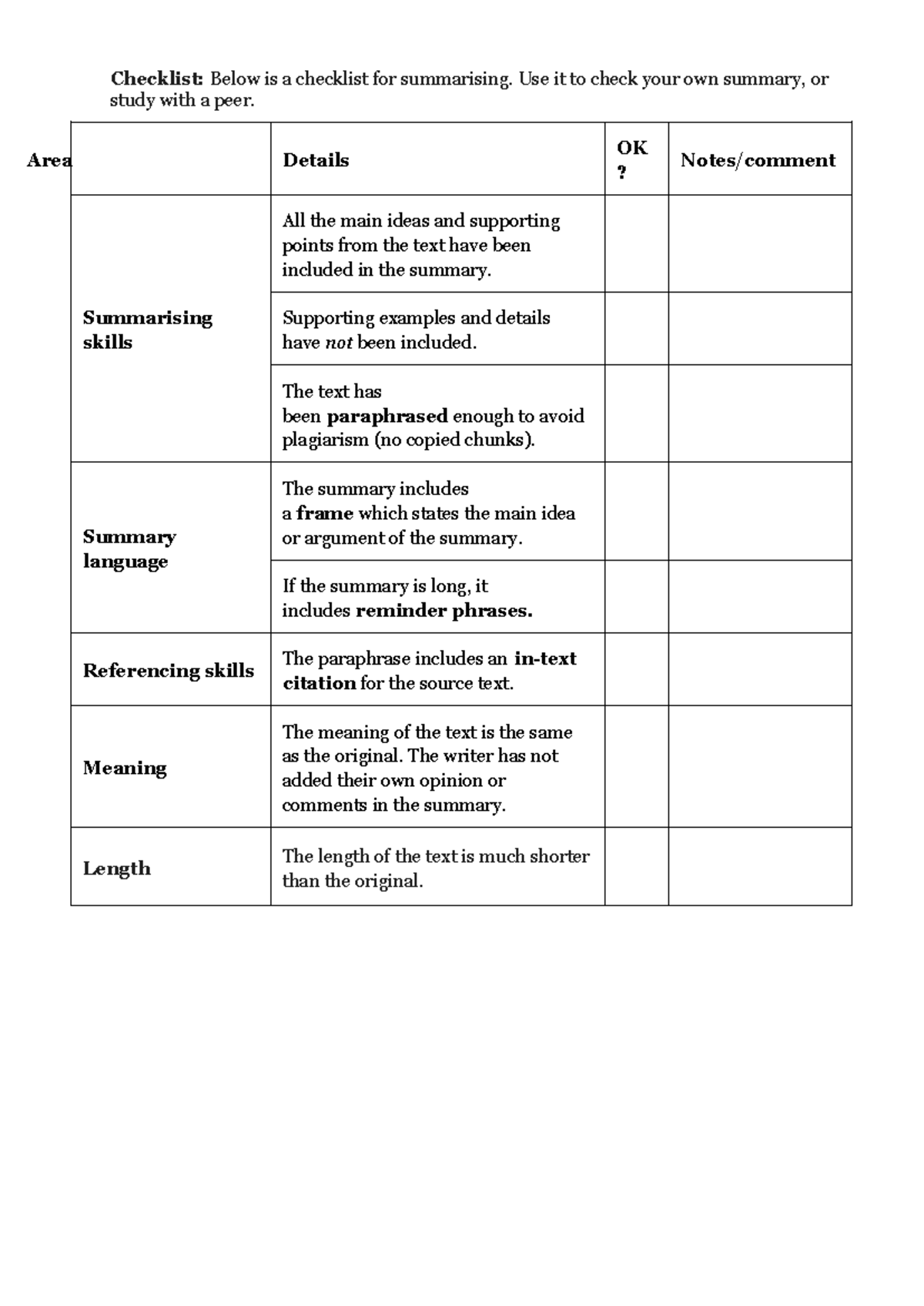 İNG003 Summarizing Checklist - Extra Activity - Checklist: Below is a ...