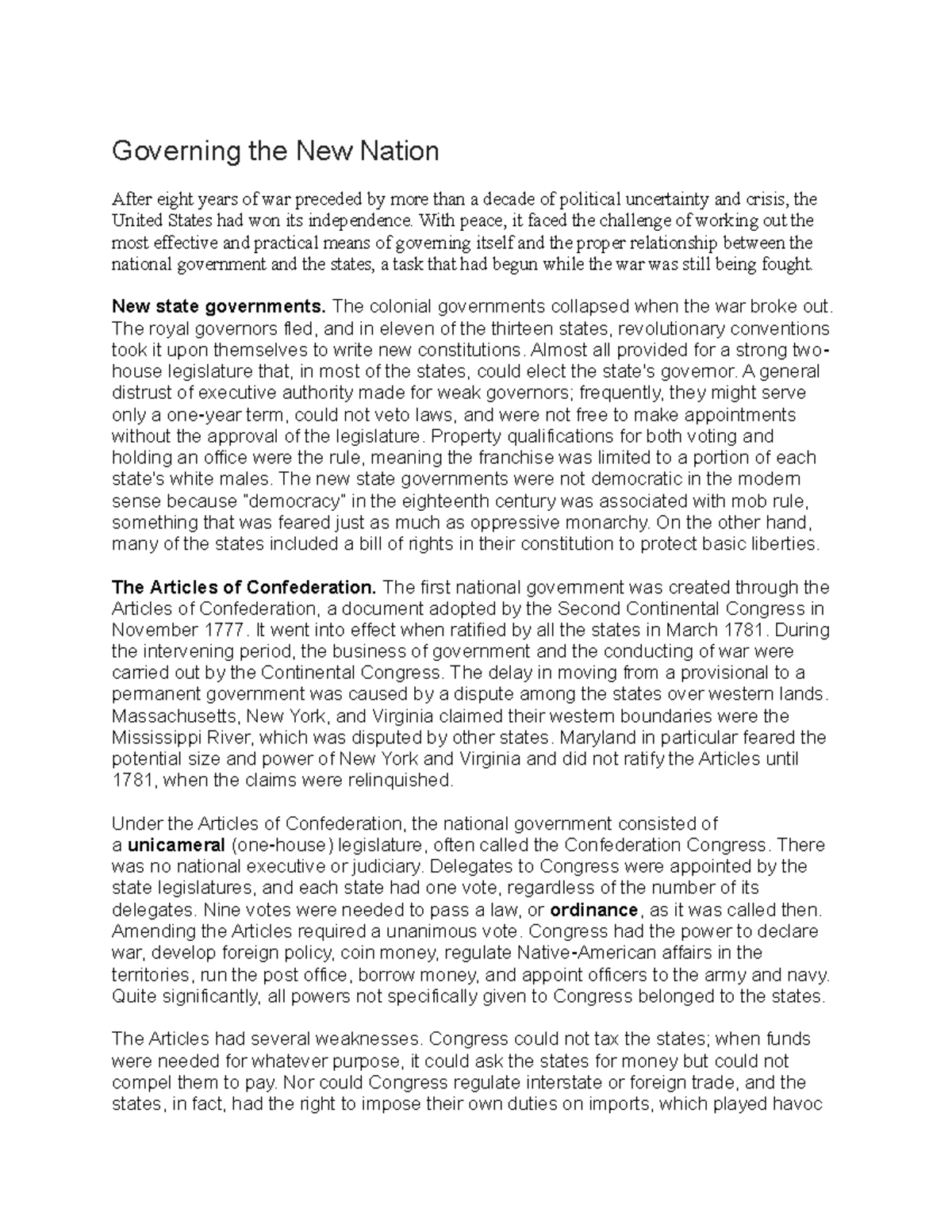 Creating a New Nation - typed in class - Governing the New Nation After ...