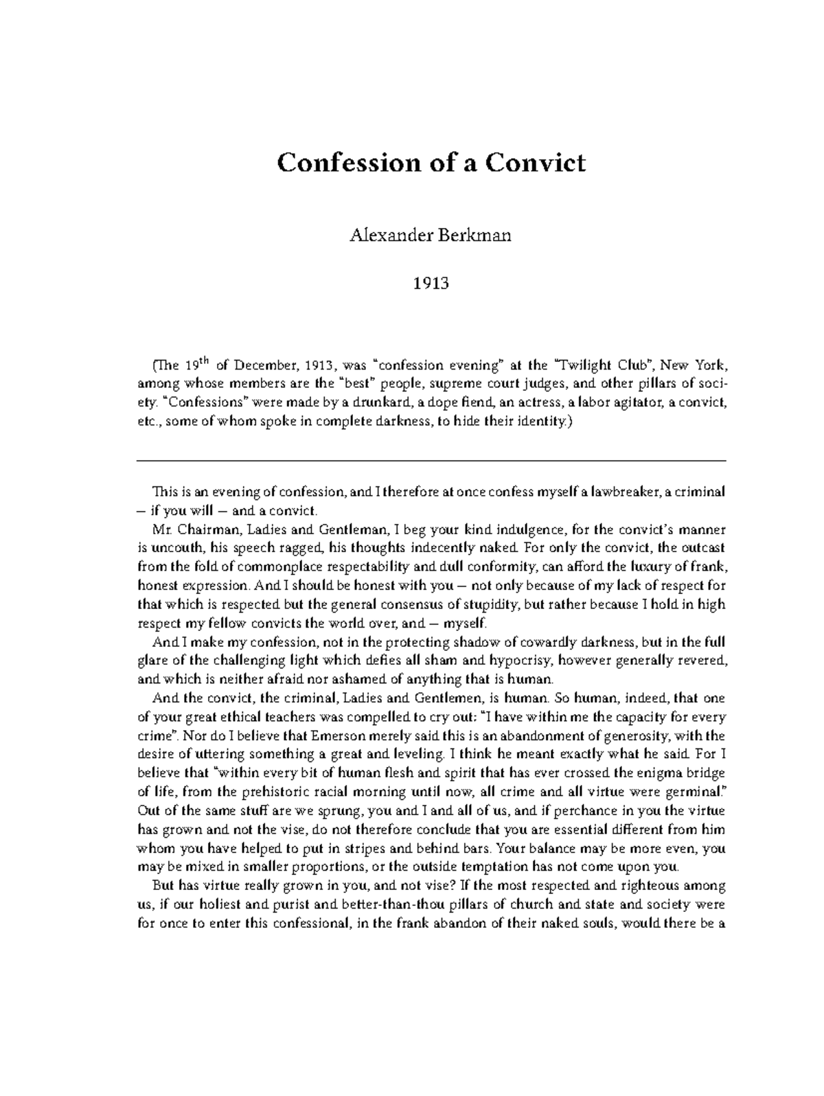 Alexander berkman confession of a convict - Confession of a Convict ...