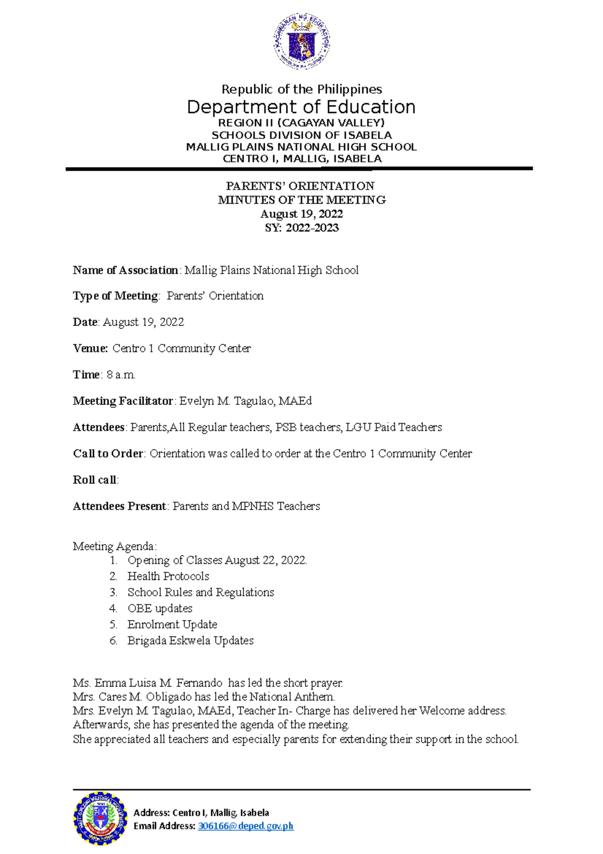 Parents' orientation minutes of Meeting - Republic of the Philippines ...