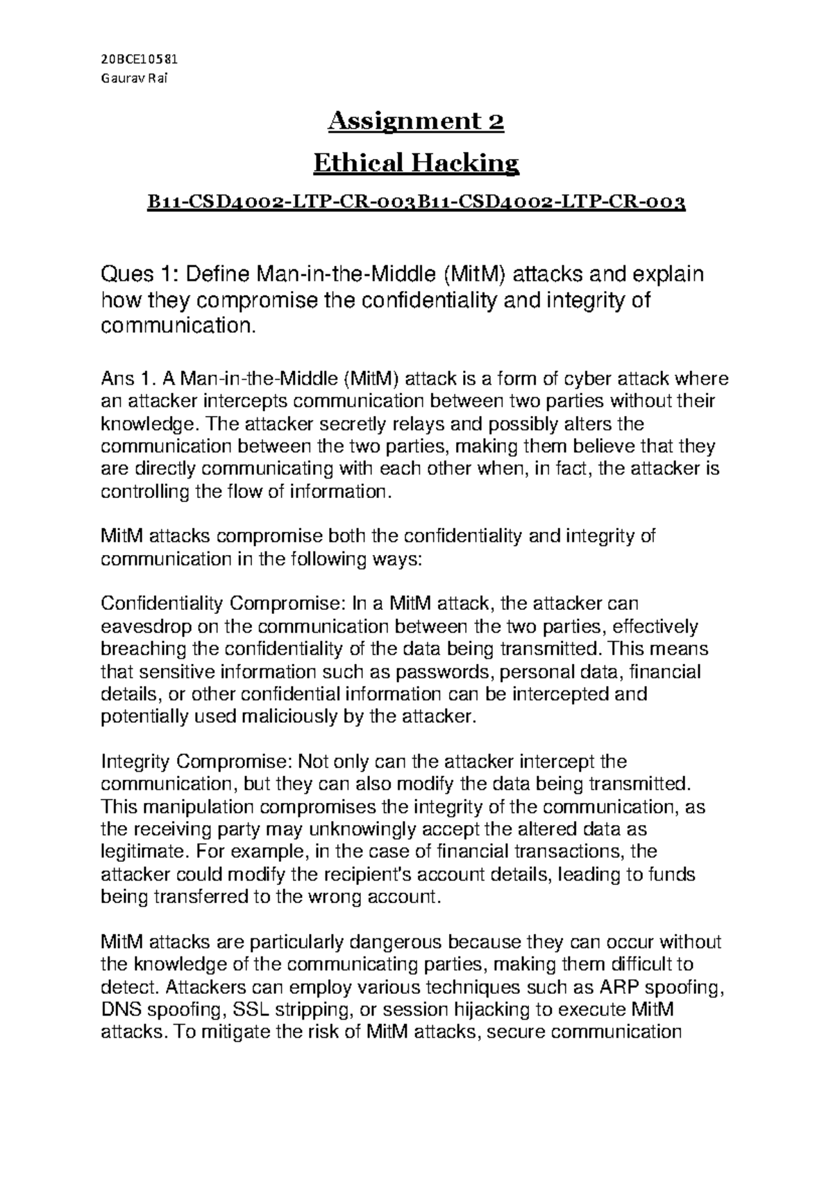 Assignment 2 20BCE10581 - 20BCE Gaurav Rai Assignment 2 Ethical Hacking B11-CSD4002-LTP-CR- 003 ...