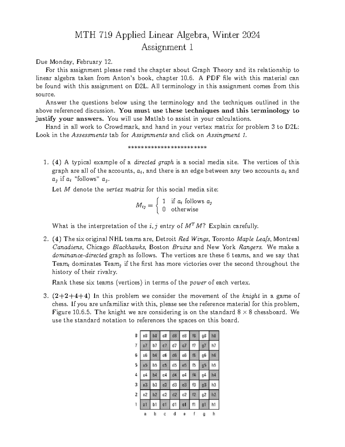 MTH719Assignment 1 W24 - MTH 719 Applied Linear Algebra, Winter 2024 ...