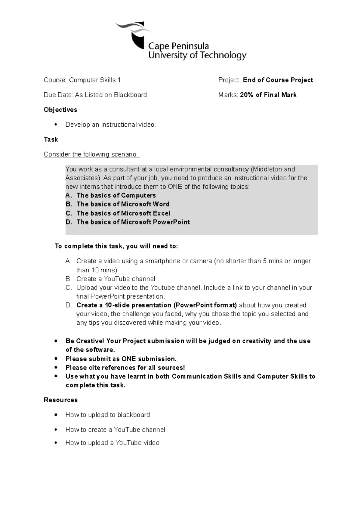 COM2018 Endof Course Project - Course: Computer Skills 1 Project: End ...